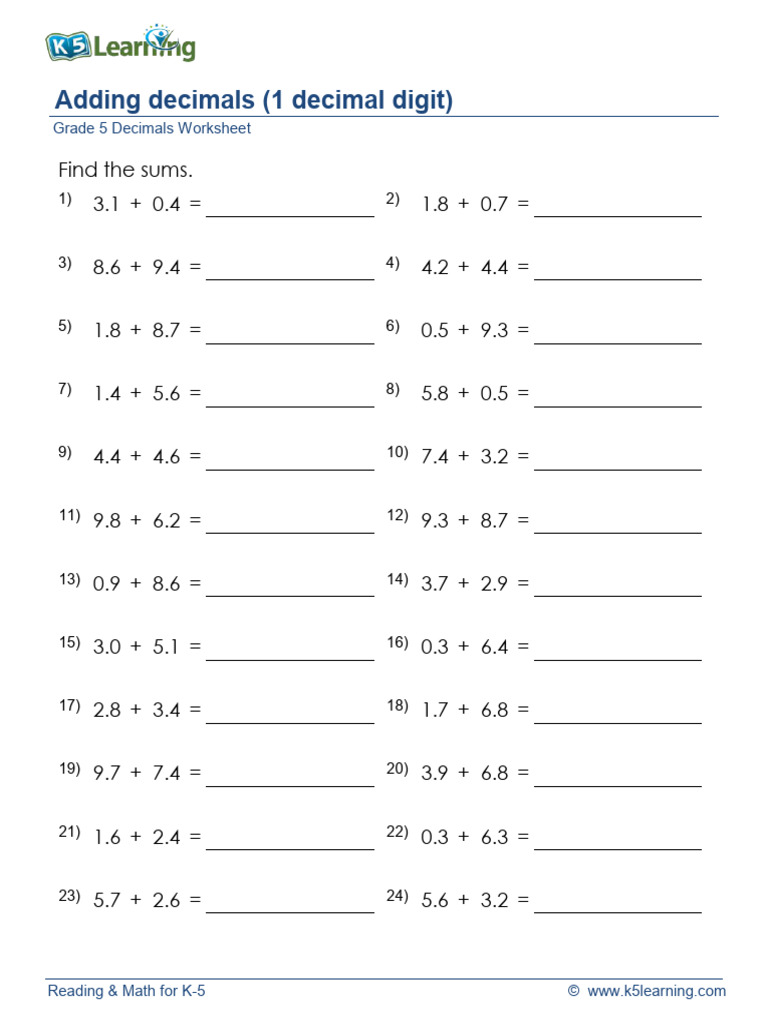 Grade 5 Decimal Addition Worksheet | PDF