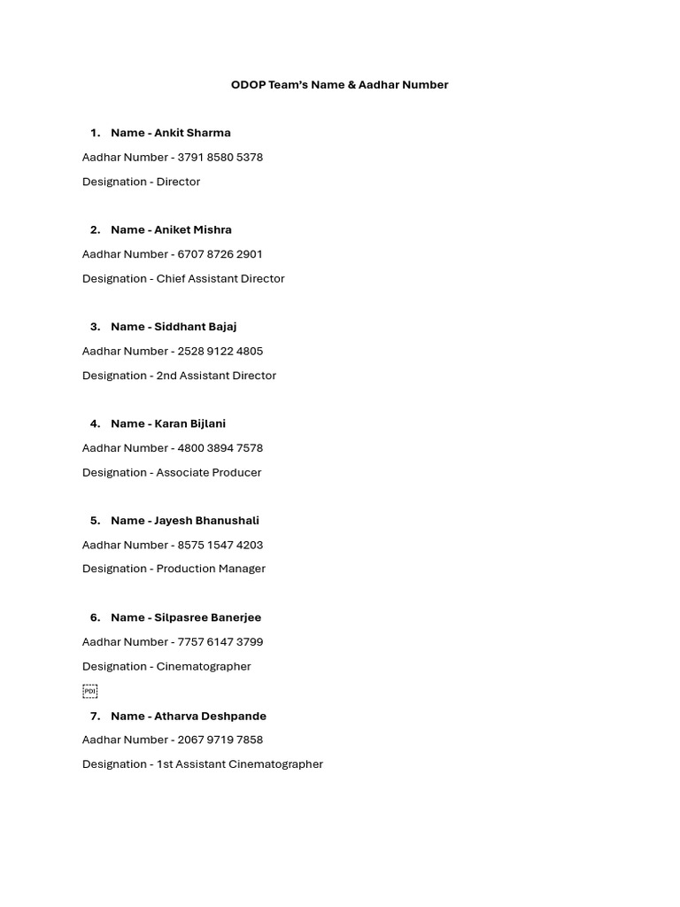 ODOP Team Members and Aadhar Numbers | PDF