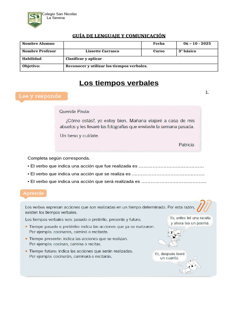 Guía de Tiempos Verbales 3° Básico | PDF