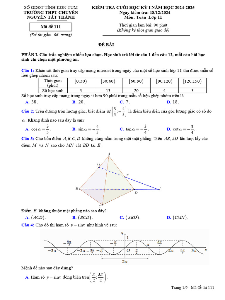 De Cuoi Ky 1 Toan 11 Nam 2024 2025 Truong Chuyen Nguyen Tat Thanh Kon ...
