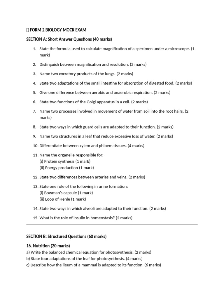? Form 2 Biology Mock Exam | PDF | Small Intestine | Leaf
