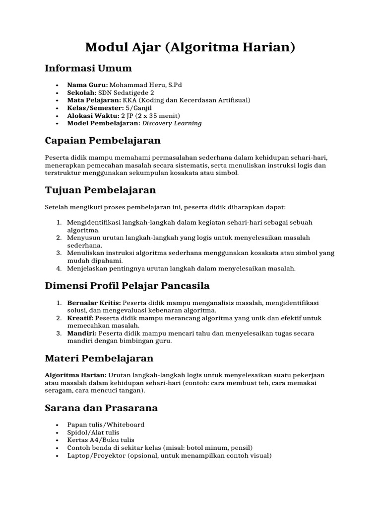 Algoritma Harian untuk Kelas 5 KKA | PDF