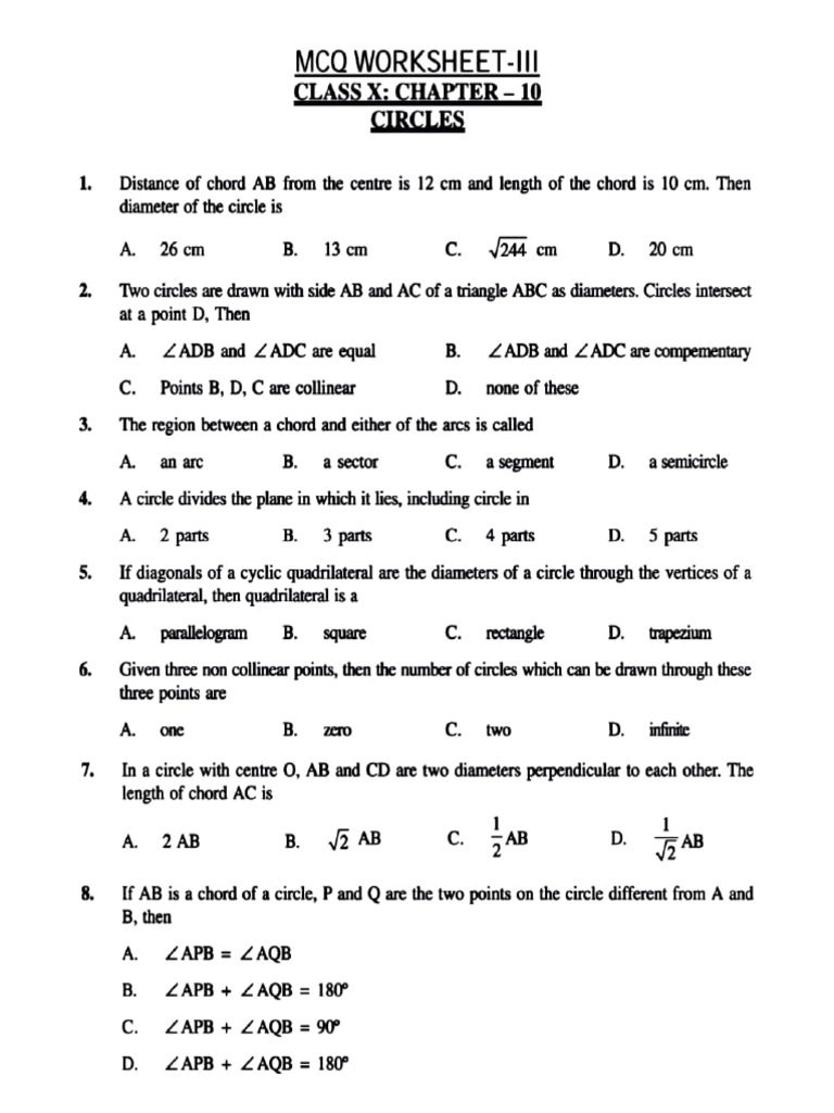 Circles and Area Related To Circles Question Bank | PDF