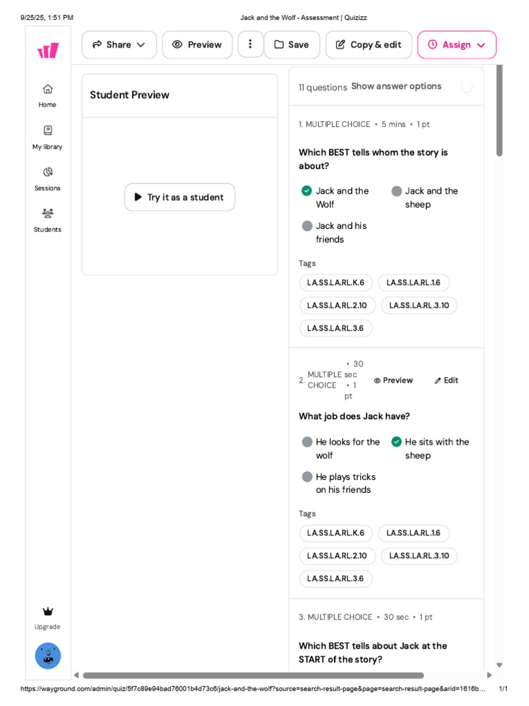 Jack and The Wolf - Assessment - Quizizz 4 | PDF