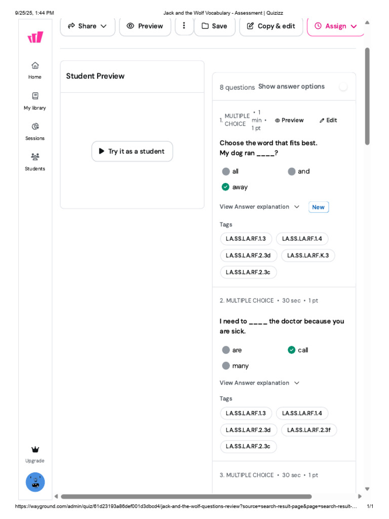 Jack and The Wolf Vocabulary - Assessment - Quizizz | PDF