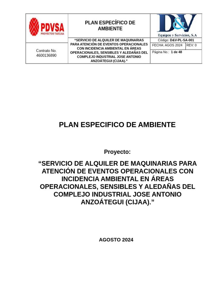 D&v-Pl-Sa-01 Plan Especifico de Ambiente D&V Rev 0 | PDF | Residuos | Residuos peligrosos