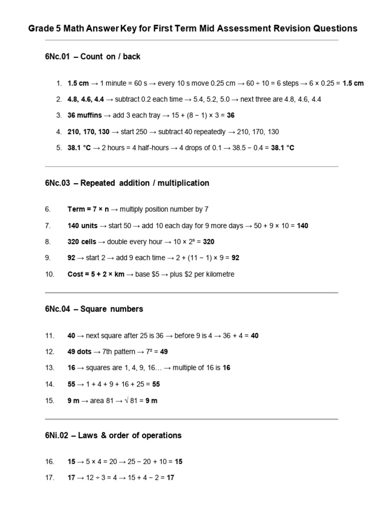 Answer Key For Grade 5 Math Review Questions | PDF | Subtraction | Numbers
