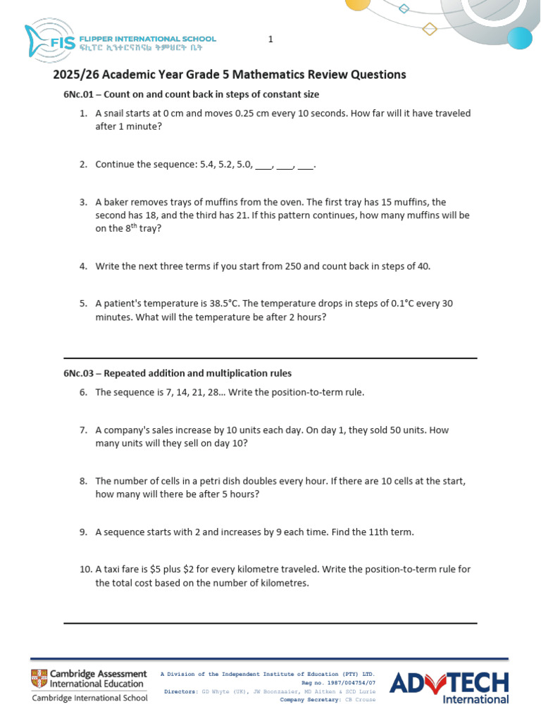 Grade 5 Math Review Questions | PDF | Numbers | Litre