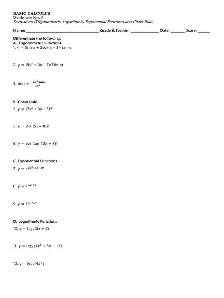 Worksheet 1 Derivatives of Trigo Expo Logarithmic Functions and Chain ...