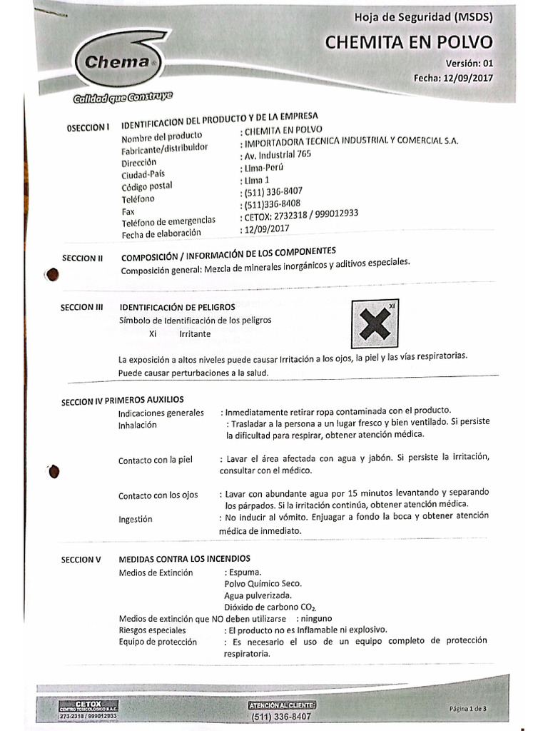 Hoja de Seguridad Chema en Polvo | PDF