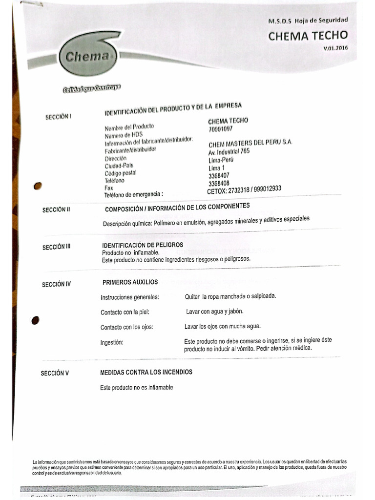 Hoja de Seguridad Chema Techo | PDF