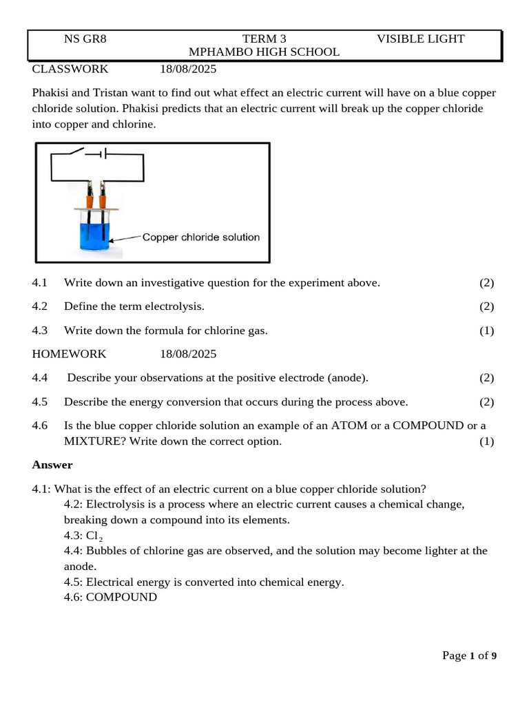 Visible Light Activities Memo | PDF | Chlorine | Electromagnetic Radiation