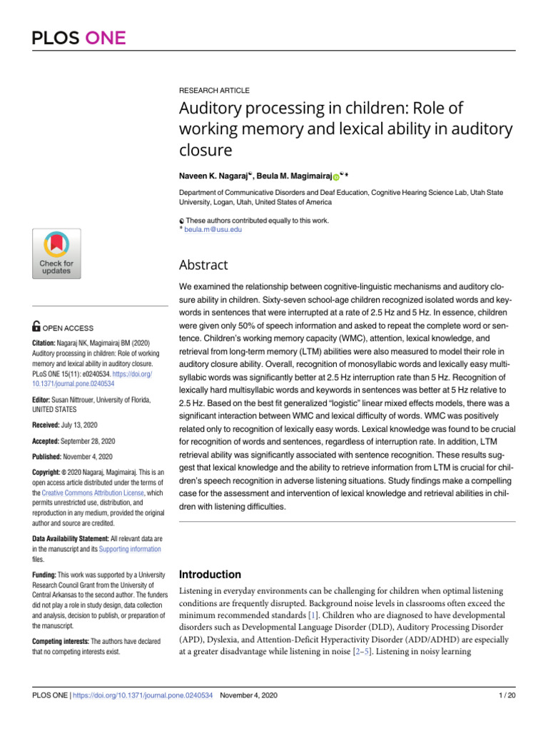 Auditory Processing in Children: Memory & Lexical Impact | PDF | Speech ...