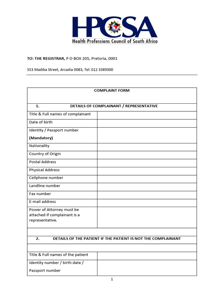 HPCSA Complaint Submission Form | PDF | Medical Record | Health Care