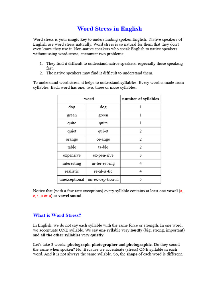 Word Stress in English | PDF | Stress (Linguistics) | English Language