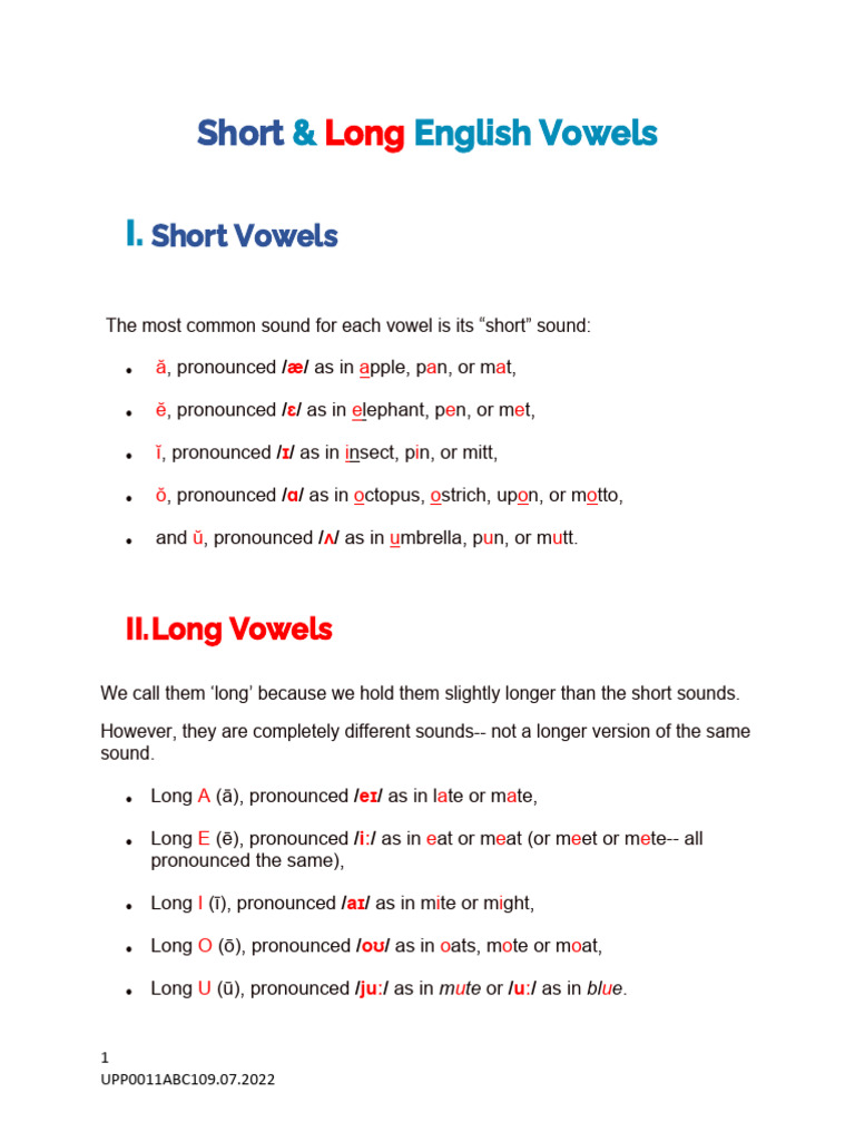 UPP0011ABC Short vs. Long Vowel Lesson 2022 | PDF | Linguistics | Phonetics