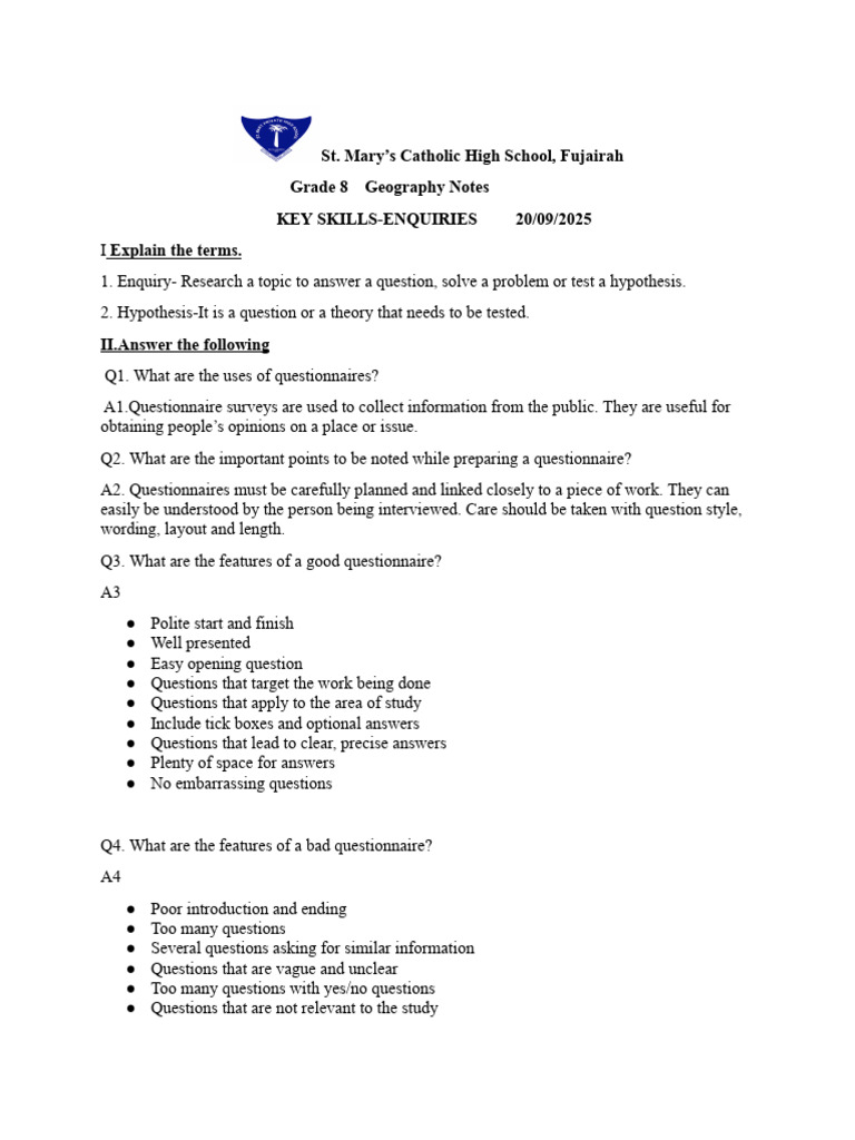 Grade 8 Geography Inquiry Notes | PDF | Questionnaire