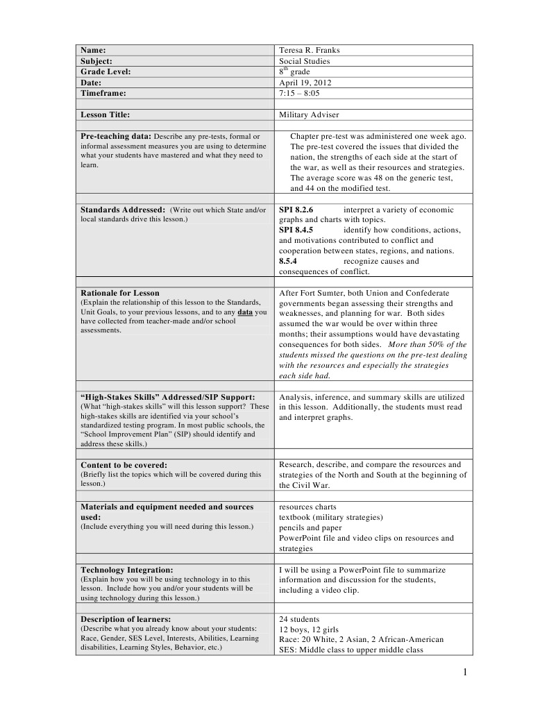 Military Adviser Lesson Plans | PDF | Learning Styles | Educational ...