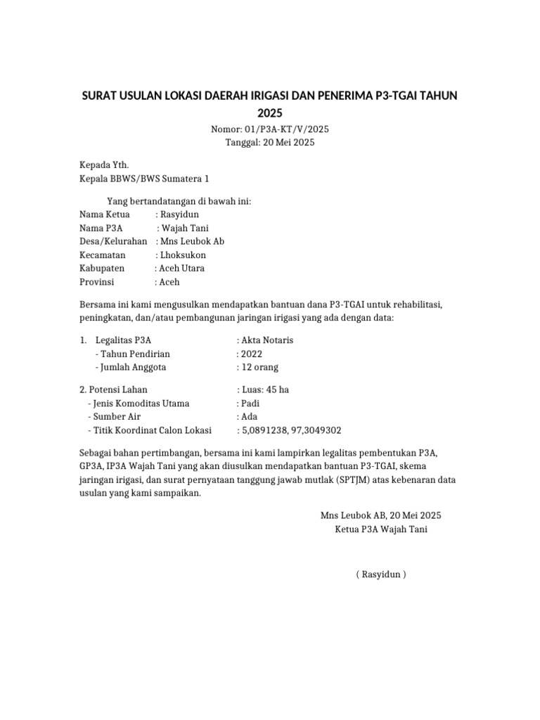 Surat Usulan P3A Wajah Tani GP Mns Leubok Ab | PDF