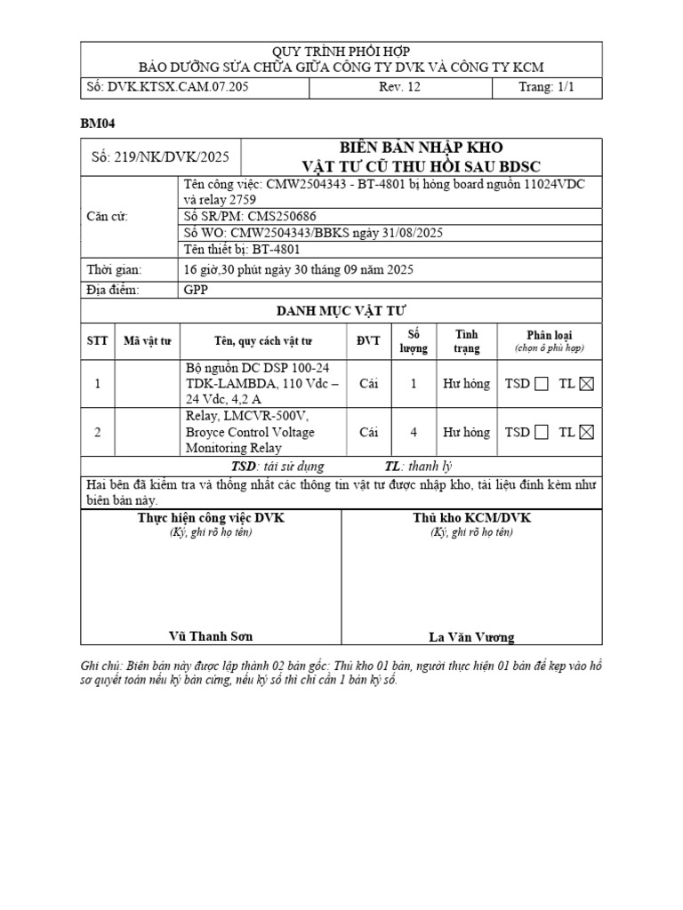 THVT CMW2504343 - BT-4801 Bị Hỏng Board Nguồn 11024VDC Và Relay 2759 | PDF