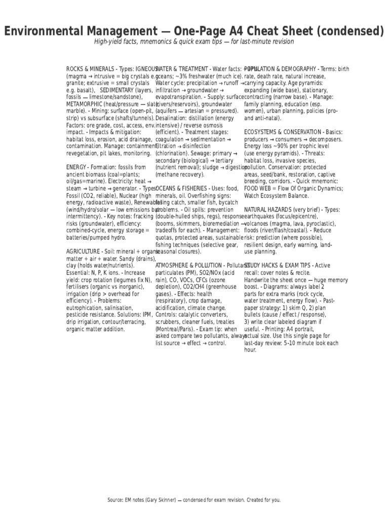 Environmental Management Exam Cheat Sheet | PDF | Groundwater | Water