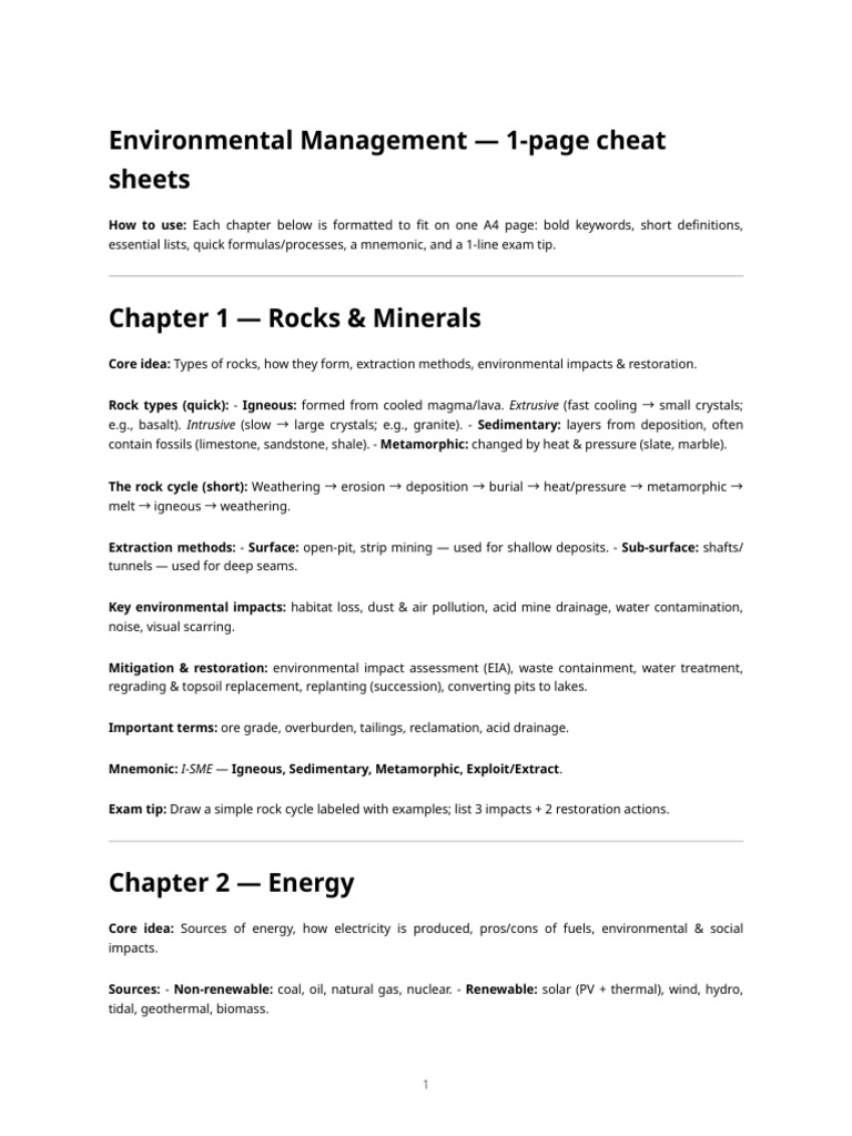 Environmental Management Cheat Sheets | PDF | Rock (Geology) | Air ...
