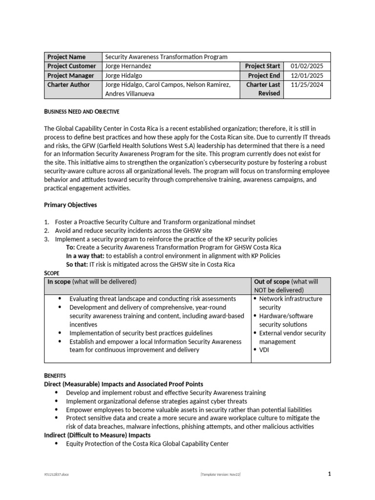 Project Charter - Security Awareness Transformation Program GCC Costa ...