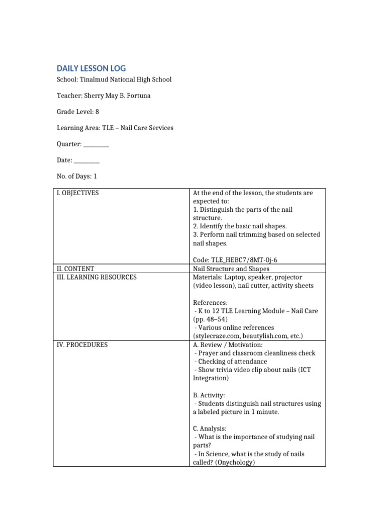 Daily Lesson Log TLE Table Format | PDF | Nail (Anatomy) | Learning