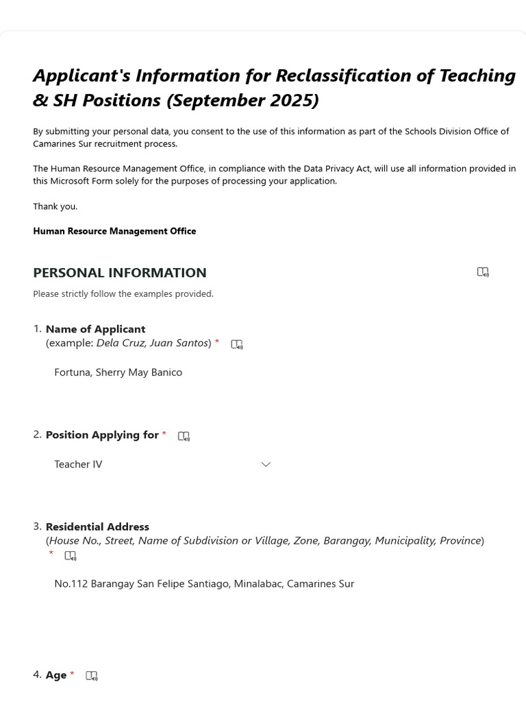 Applicant's Information For Reclassification of Teaching & SH Positions ...