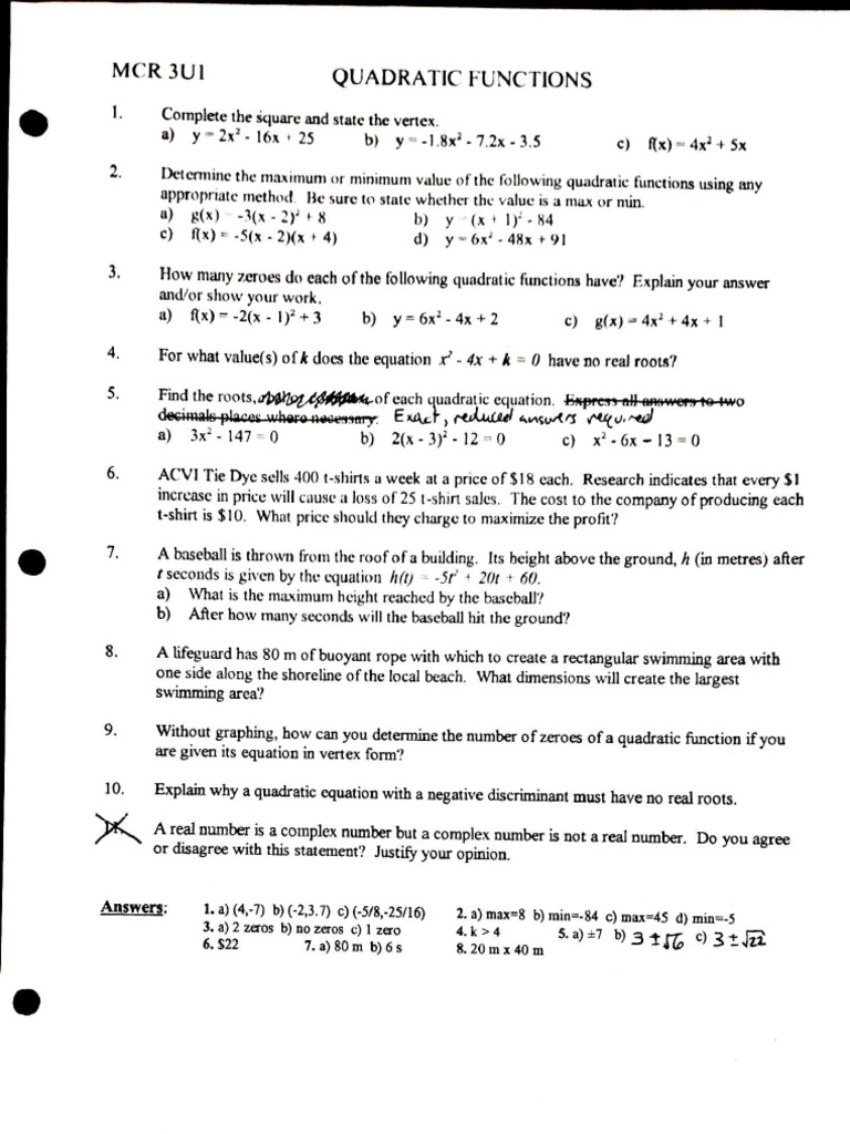 Quadratic Functions Review Sheet | PDF