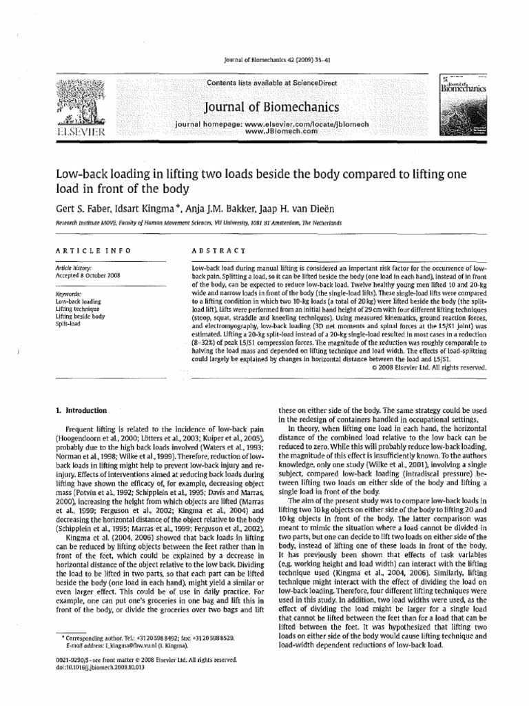 Faber 2009 Low-Back Loading in Lifting Two | PDF | Foot
