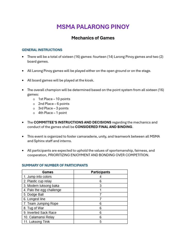 MSMA Palarong Pinoy Game Mechanics | PDF