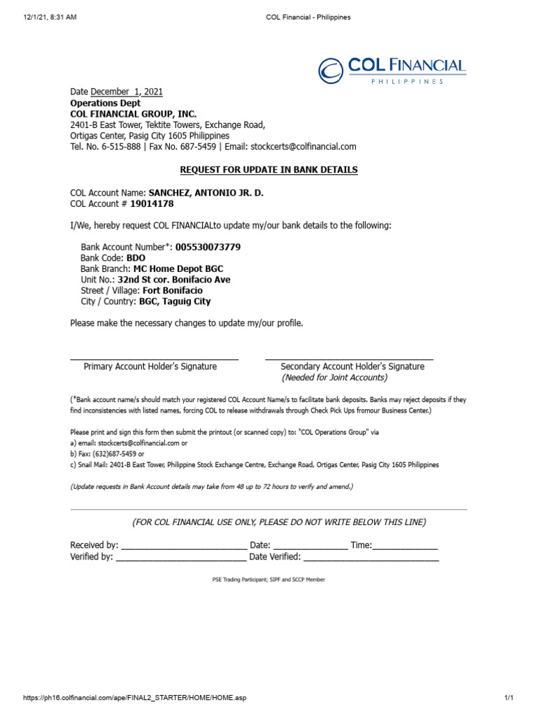 Update Bank Details Request Form | PDF