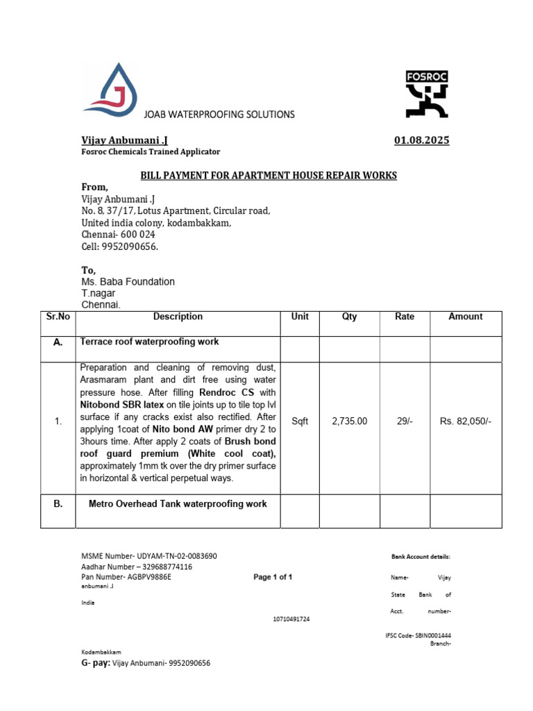Bill For Ms. Baba Foundation Apartment House Tank and Terrace ...