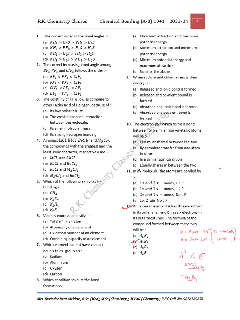 Chemical Bonding Concepts and Questions | PDF | Chemical Bond | Chemistry