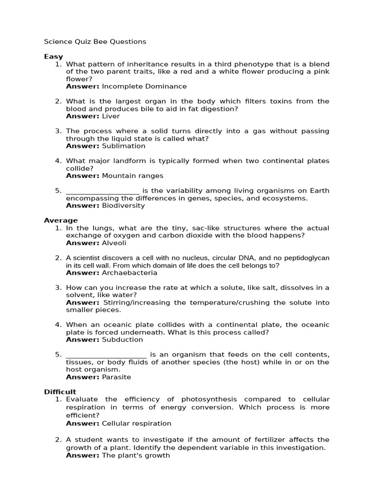 Science Quiz Bee Questions and Answers | PDF | Plate Tectonics | Cell ...