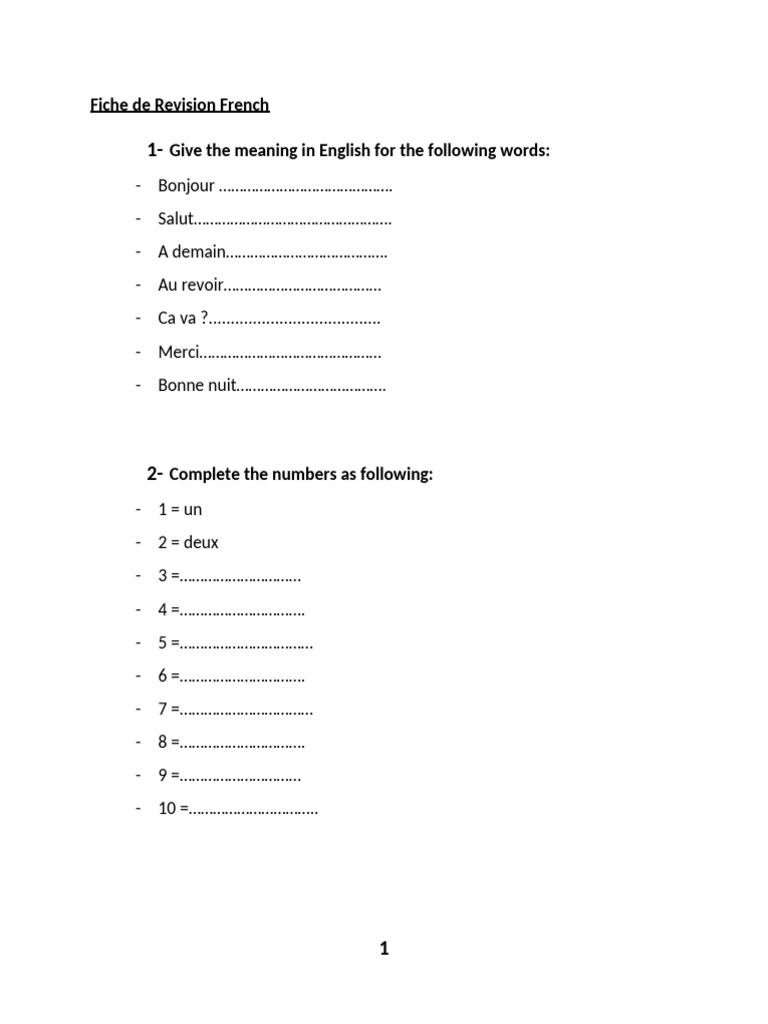 French Revision Worksheet Guide | PDF