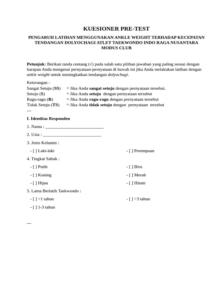 Kuesioner Latihan Ankle Weight Taekwondo | PDF