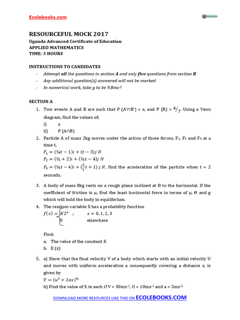 Uganda A-Level Applied Mathematics Exam | PDF | Force | Collision