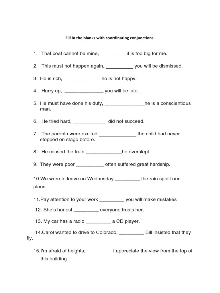 Fill in The Blanks With Coordinating Conjunctions | PDF