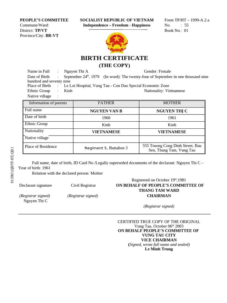 Gks Form Tpht-1999 A.2.a | PDF | Vietnamese People | Vietnam