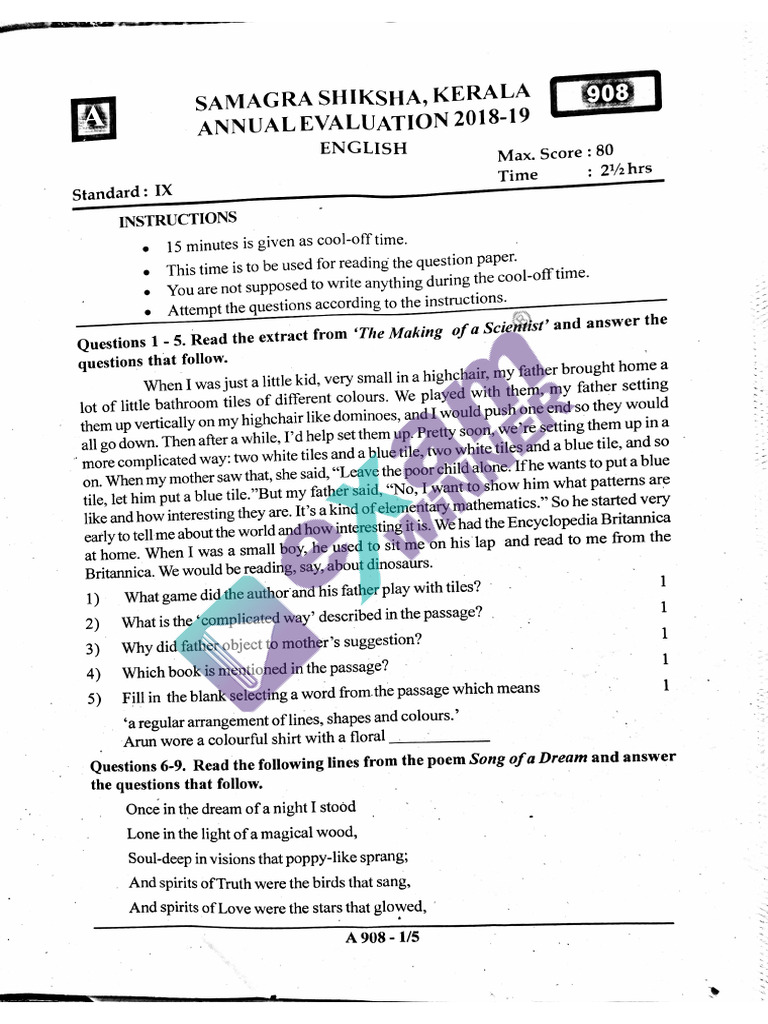 ENGLISH Question Paper Kerala 9th STD Annual Exam March 2019 | PDF