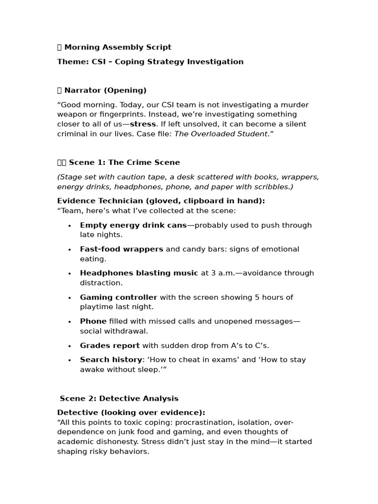 ? Morning Assembly Script | PDF | Forensic Science | Detective