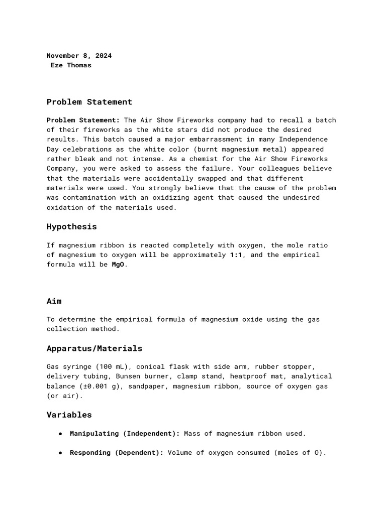 P&D Exp # 1 Empirical Formula of An Ionic Oxide (MgO) | PDF | Magnesium | Mole (Unit)