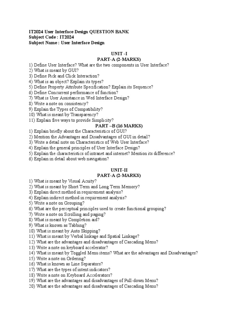It2024 User Interface Design Question Bank | PDF | Menu (Computing) | Usability