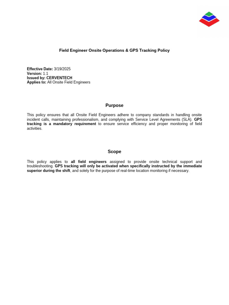 Field Engineer Onsite Operations & GPS Tracking Policy | PDF | Global ...