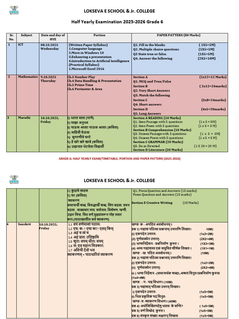 Grade 6 - Hye (Timetable, Portion and Paper Pattern) 2025-26.. | PDF | Languages | Foreign ...