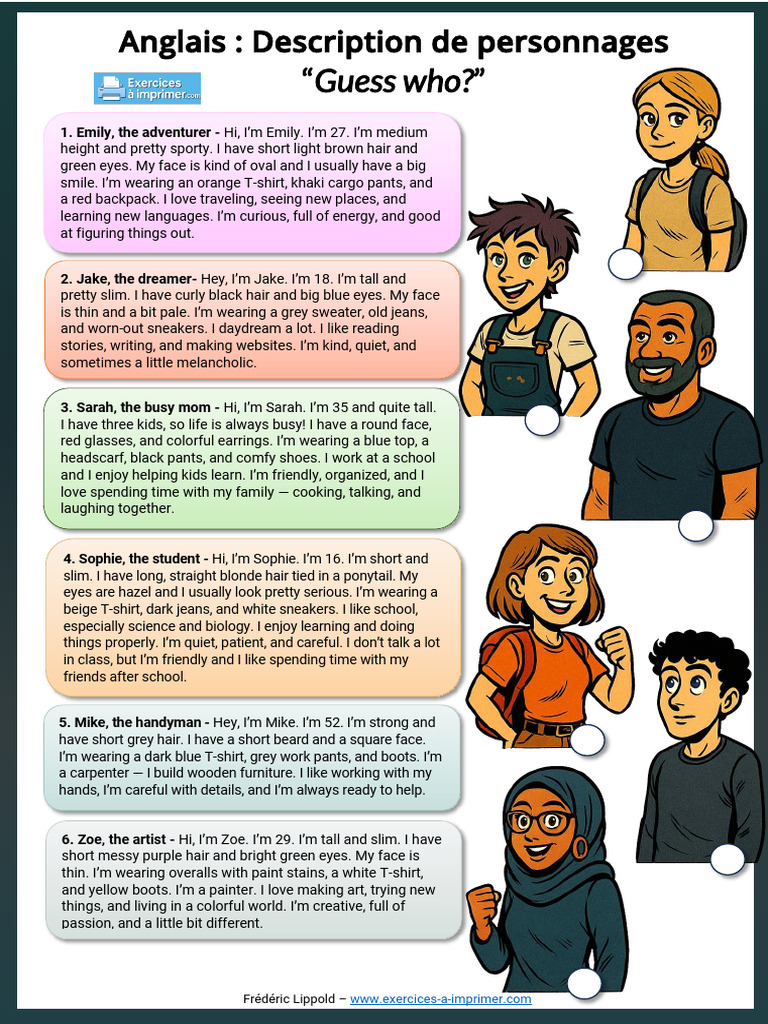 Anglais A1 Description de 6 Personnages Marques | PDF