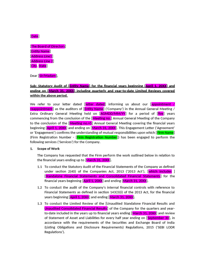Statutory Audit Engagement Letter Template | PDF | Audit | Auditor's Report
