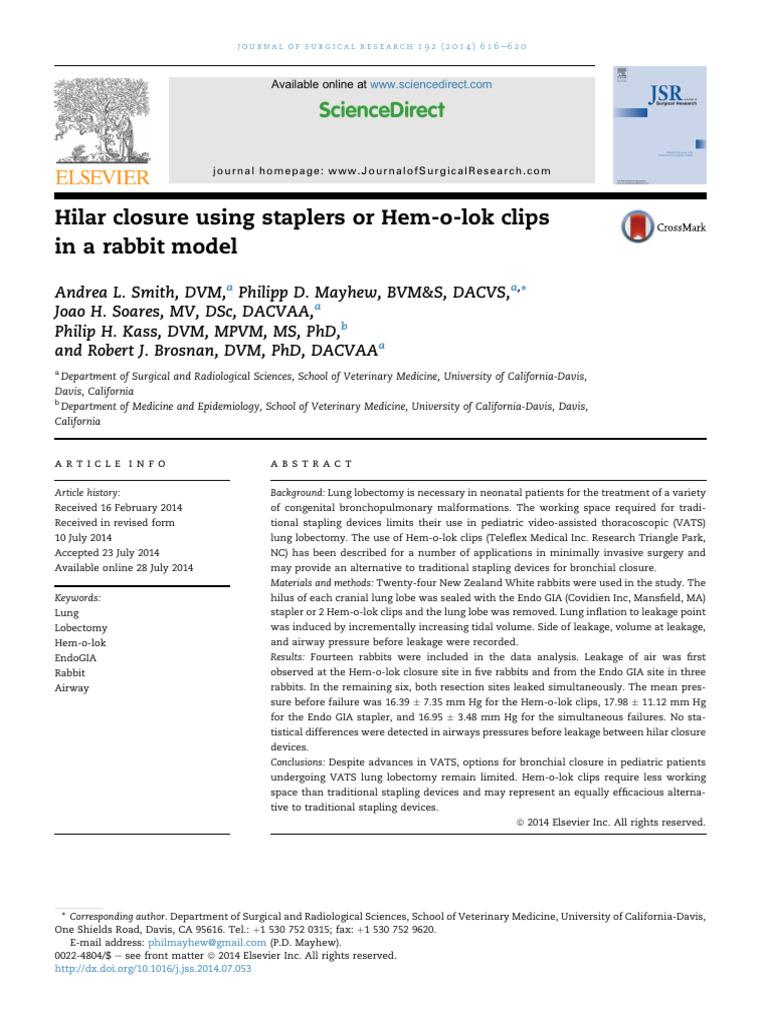 Hilar Closure Using Staplers or Hem-O-Lok Clips in A Rabbit Model | PDF ...